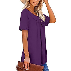 Mystry Zone Women's Vintage Short Sleeve Henley V Neck Pleated Tunic Shirt Purple Large