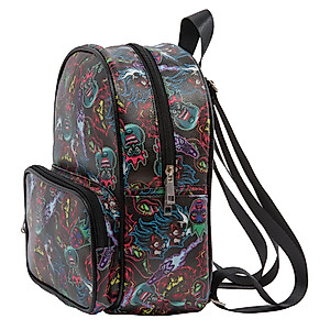 Disney Villains Mini Backpack with Allover Print & Molded Vixen Dangle, 10.5 Inches, Adjustable Straps, Faux Leather