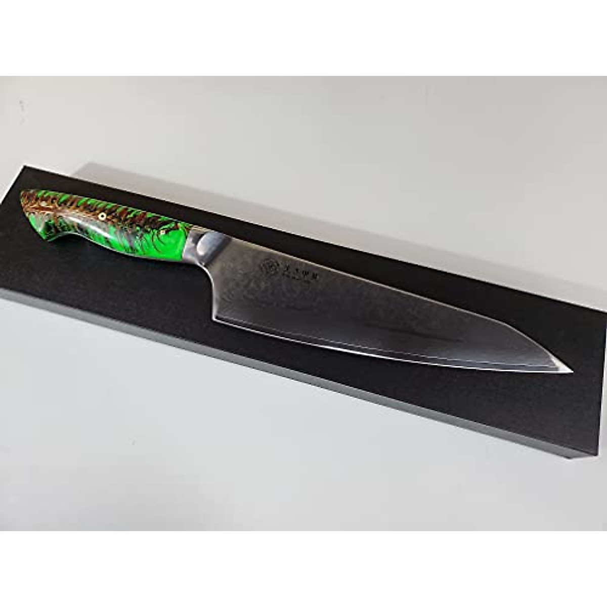 Custom VG10 Damascus chef knife Hybrid Santoku 9" White Silver cast pine cone handle, kitchen knife w/ 67 layer SS Damascus (Alien Green)