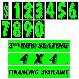 VERSA-TAGS 7.5" Black/Green Vinyl Number Decals 11 Dozen Set Windshield Pricing & 1 Pack of Each of 3rd Row Seating, 4X4, Financing Available 14.5" x 2.75" Sticker Windshield Decal Auto Dealership