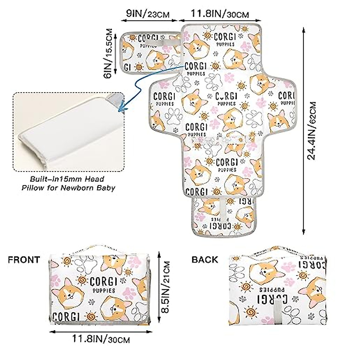 Cute Corgi Portable Baby Changing Pad Diaper Changing Table Pad Foldable Waterproof Travel Changing Station with Built-in Pillow for Baby Newborn Essentials