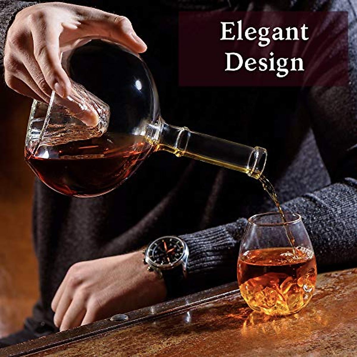Whiskey Decanter Set with 2 Glasses and Wooden Base - Unusual Mountain Whiskey Decanter Sets for Men and Women - Liquor Decanter Set for Wine, Liquor, Scotch, Vodka, Bourbon - Whiskey Gifts for Men