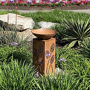Westcharm Rustic LED Pillar Garden Statue with Planter Dish Bowl and Automatic Timer - Decorative Column Outdoor Statue with Leaves Motif for Home Yard Patio Outdoors Garden Decoration