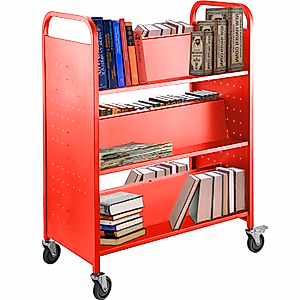VEVOR Book Cart, 200lbs Library Cart, 35x19x49 Inch Rolling Book Cart Double Sided W-Shaped Sloped Shelves with 4-Inch Lockable Wheels for Home Shelves Office and School Book Truck in Red