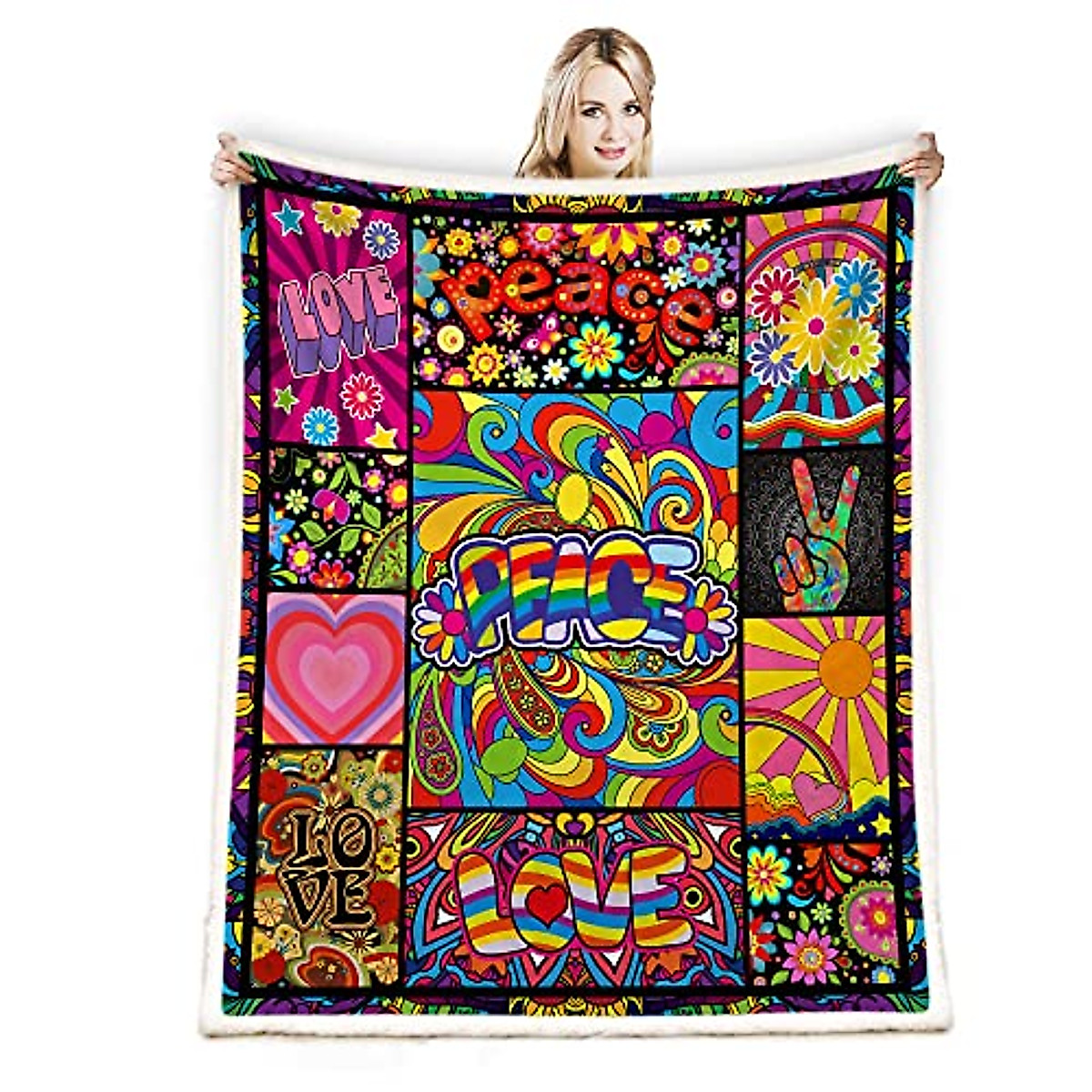 Juirnost Gift For Hippie Style Peace Love Flower Hippie Throw Blankets 70s Peace Sign Blanket Retro Hippy Stoner Groovy Blanket Hippy Gifts for Couch Bed Sofa Soft Cozy Fleece Plush Reversible Blanket