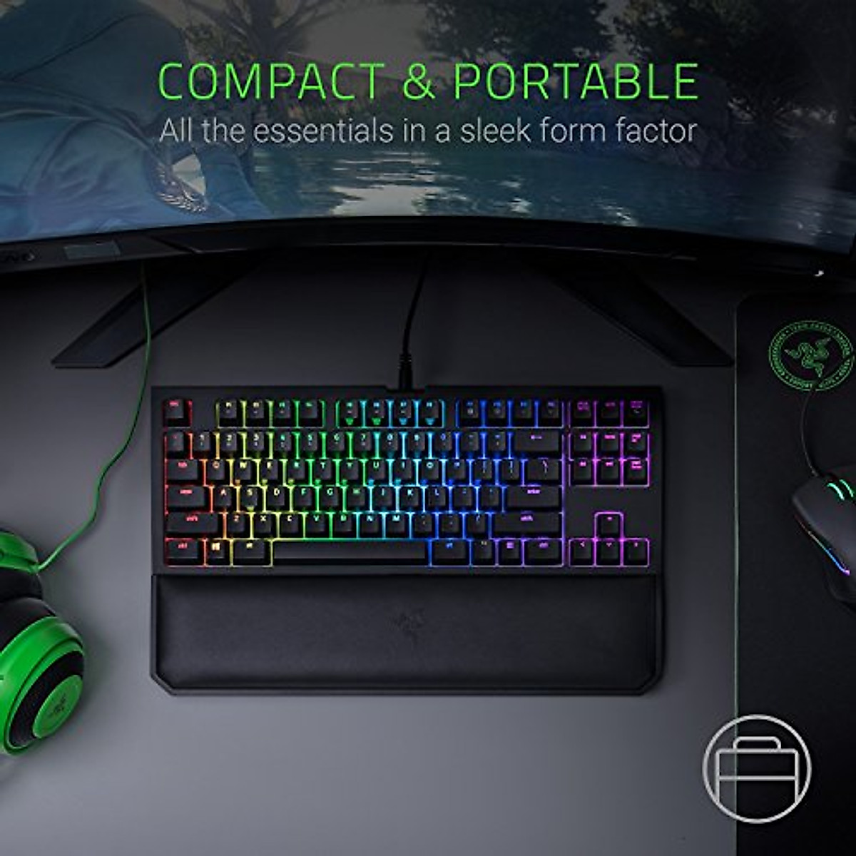 RAZER BLACKWIDOW TOURNAMENT EDITION CHROMA V2: Esports Gaming Keyboard - Ergonomic Wrist Rest - Tenkeyless Design - Razer Green Mechanical Switches (Tactile and Clicky) (Renewed)