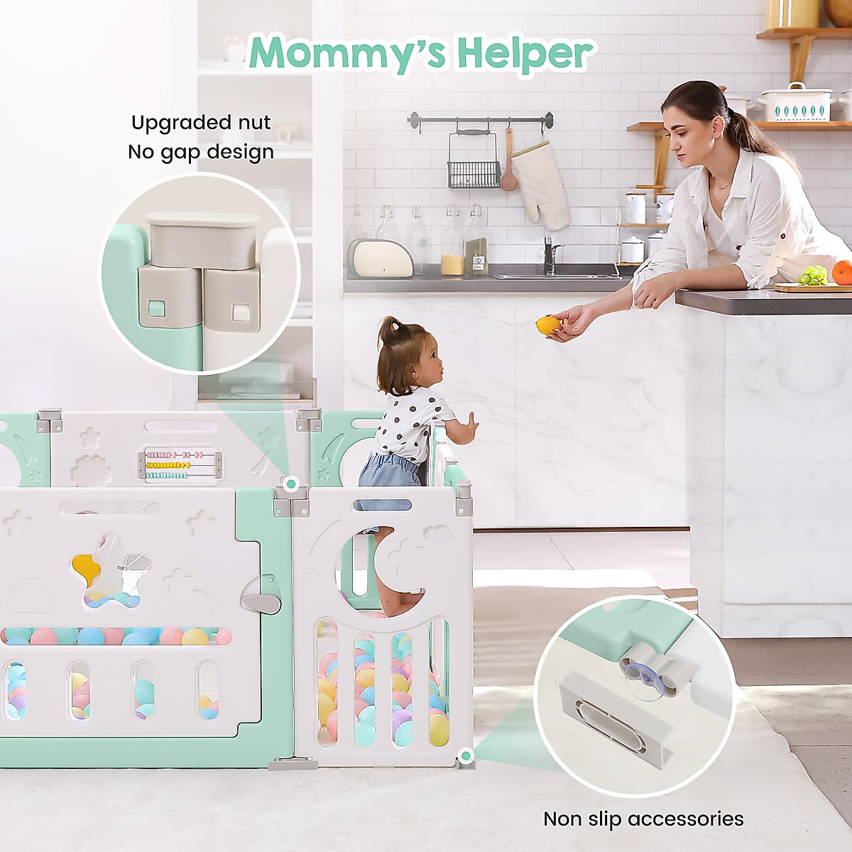 Baby Playpen, Dripex Foldable Playpen for Babies and Toddlers, Custom Shape Baby Fence, Safety Play Yard with Gate, Portable Play Area for Indoor or Outdoor, Light Green White, 14 Panel