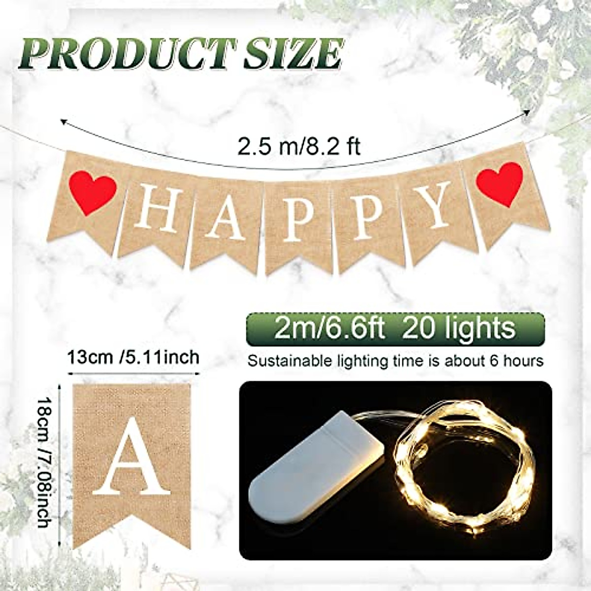Breling 6 Pieces Burlap Happy Anniversary Banner Party Bunting Garland Decorations Wedding Decoration Supplies Hanging Red Heart Streamer with LED Lights, M