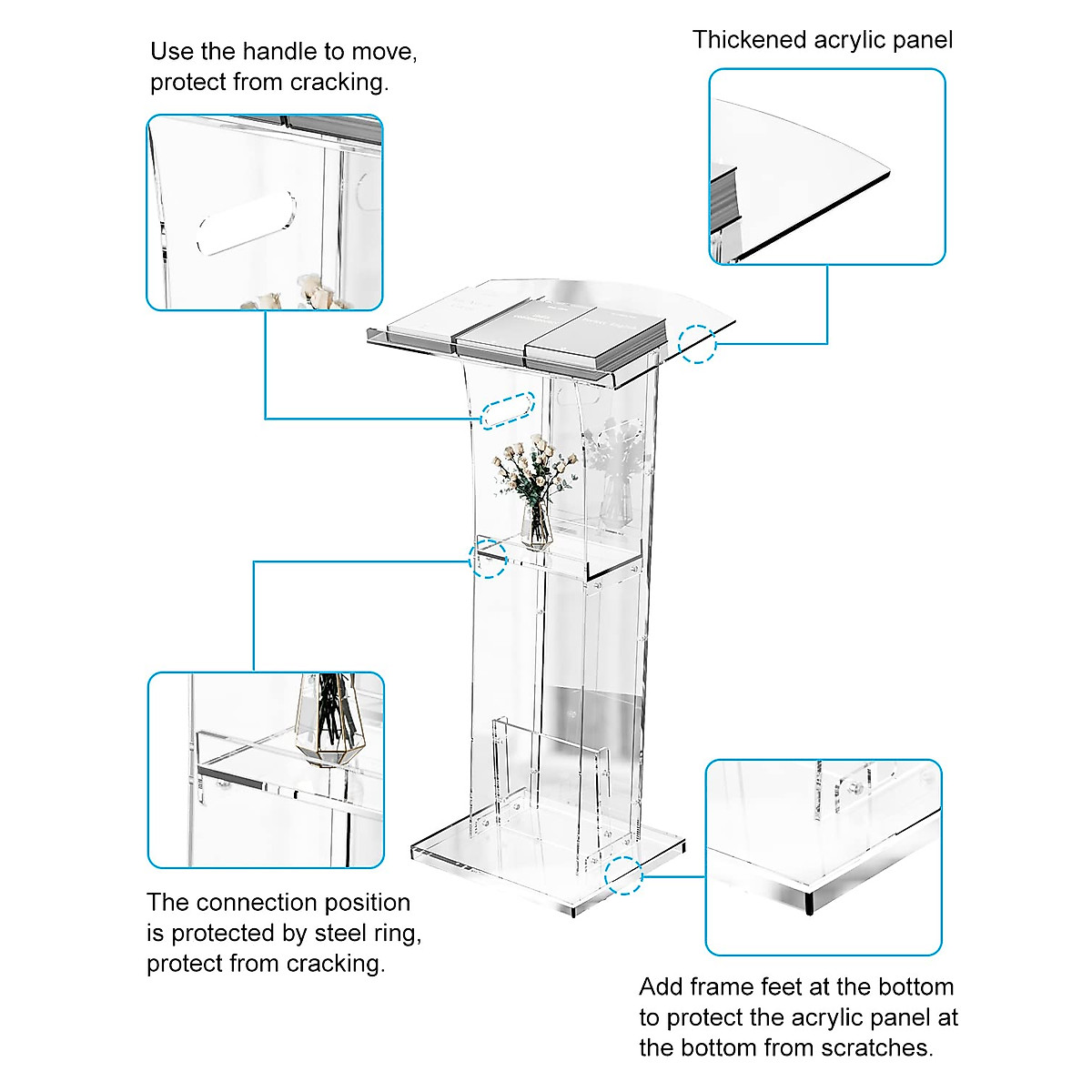 KSacry Acrylic Clear Podium Stand with Storage Shelf,Plexiglass Pulpits for Churches,Conference,Speeches,Weddings,Classroom,Professional Presentation Podiums (23.6" L X 17.7" W X 47" H, Transparent)