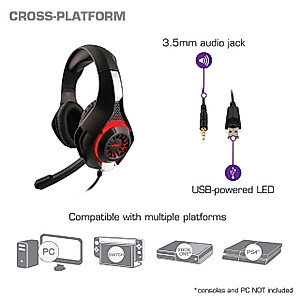 Nyko Core Universal Stereo Gaming Headset w/Retractable Microphone, Red LEDs & Soft Ear Cushions - Perfect for PS5, PS4, Xbox, PC & Nintendo Switch Gaming!