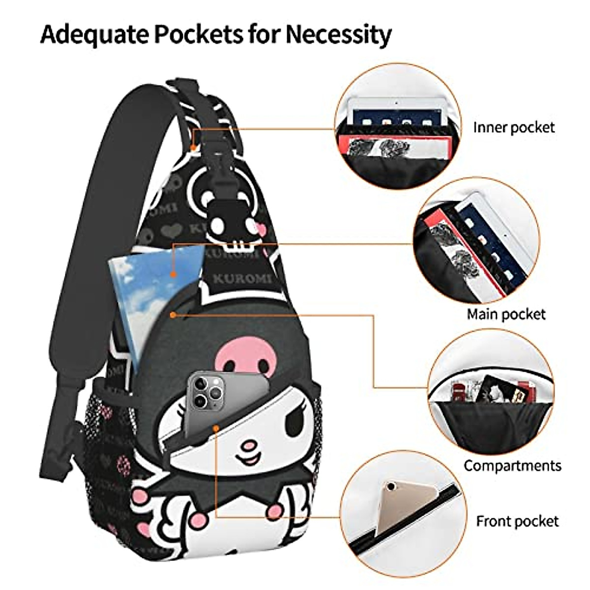 ORPJXIO Crossbody Bags Kuromi Anime My Melody Cross Chest Bag Sling Backpack for Man & Women Adjustable Shoulder Bag for Cycling Camping Hiking Sports Travel