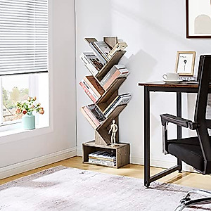 Hoctieon 6 Tier Tree Bookshelf, 6 Shelf Bookcase with Drawer, Modern Book Storage, Utility Organizer Shelves for Home Office, Living Room, Bedroom, Greige