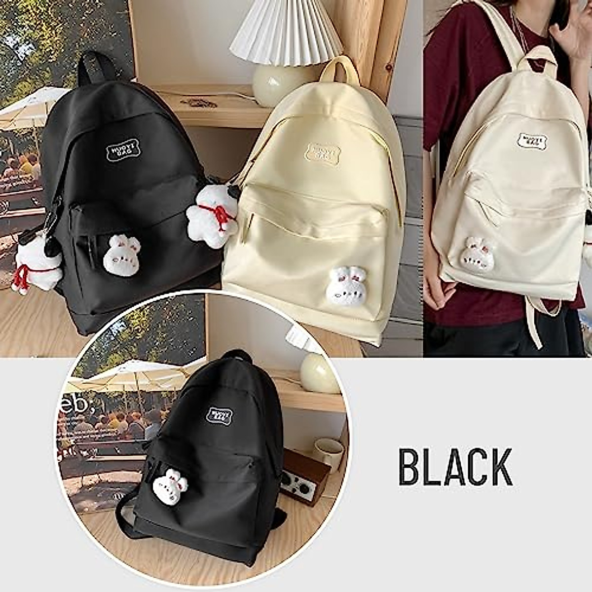 srdmuph Kawaii Backpack with Cute Accessories Pendant Travel Casual Daypack Women Laptop Bags Outdoor Lightweight (Black)