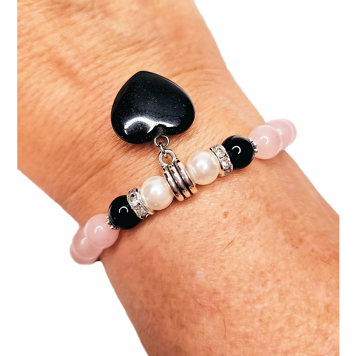 Onyx Heart Charm Bracelet GENUINE NATURAL STONES Handmade Bracelet Black Onyx Pearls Rose Quartz Powerful HEART CHAKRA Stone Birthstone Bracelet USA HANDMADE