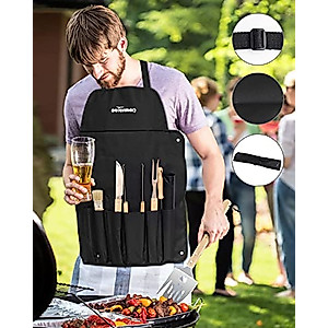 BBQ Grill Tools Set, Outerman 10Pcs Stainless Steel Grilling Tools Kit Gifts for Men & Women, Grilling Utensils Set with Long Oak Handle and Storage Apron for Outdoor Camping Backyard Barbecue