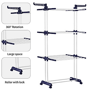 Rbitroise Clothes Drying Rack,Clothes Drying Rack Foldable,Drying Rack Clothing Folding,4-Tier Laundry Drying Rack for Clothes,Rolling Clothes Horses Dryer Rack,-Dark Blue