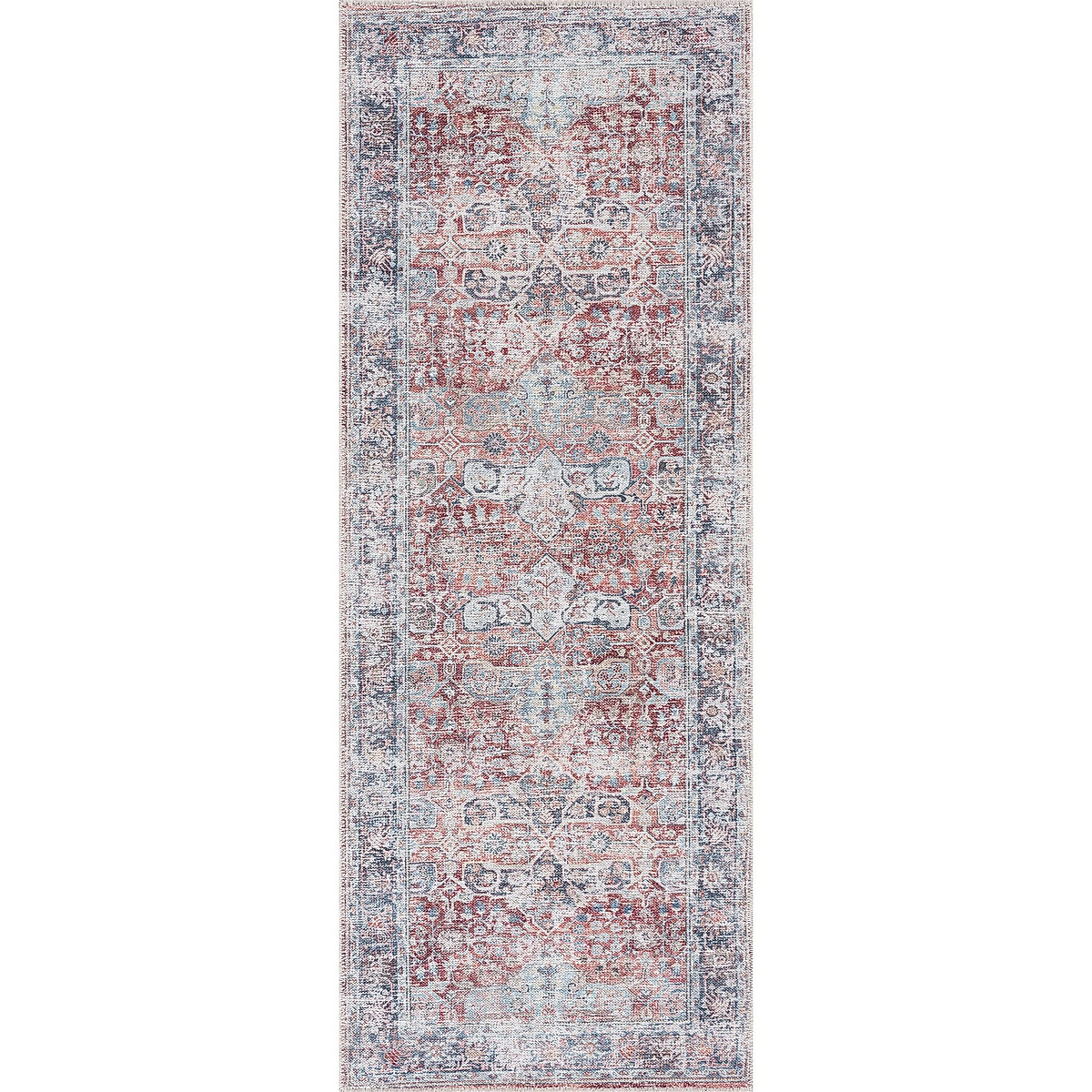 Bloom Rugs Caria Washable Non-Slip 12 ft Runner - Brick/Dark Blue Traditional Runner for Entryway, Hallway, Bathroom, and Kitchen - Exact Size: 2'6" x 12'