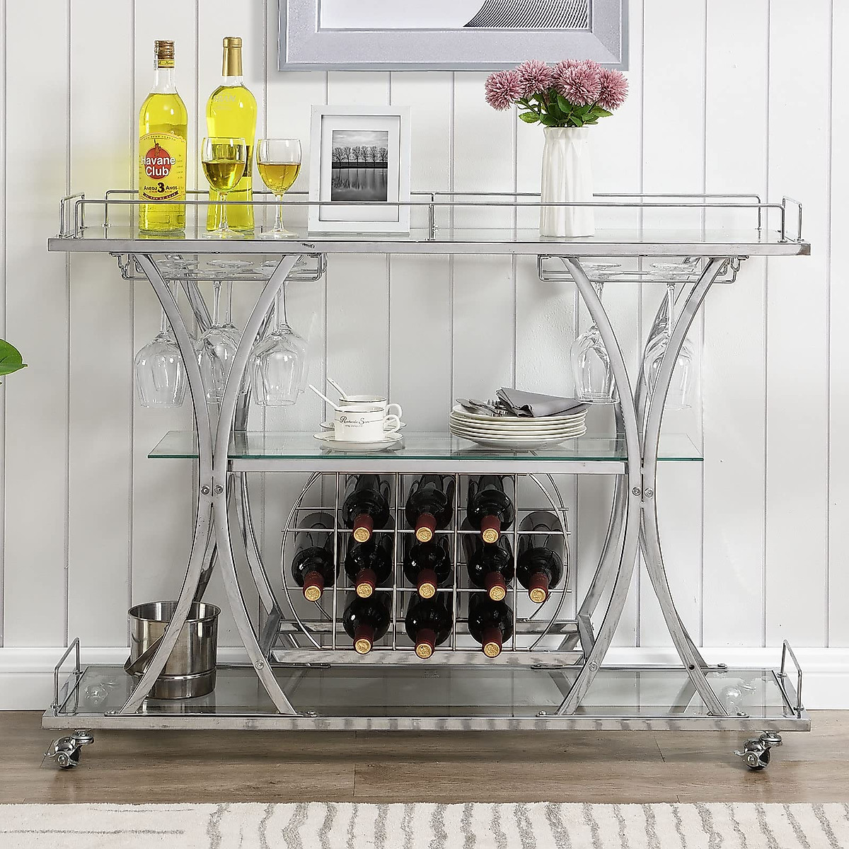HOMYSHOPY Bar Serving Cart with Glass Holder and Wine Rack, 3-Tier Kitchen Trolley with Tempered Glass Shelves and Chrome-Finished Metal Frame, Mobile Wine Cart for Home (Silver)