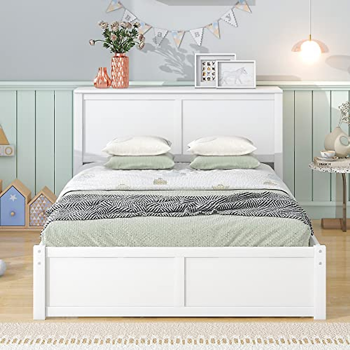 BIADNBZ Full Size Storage Bed Frame with Pull Out Shelves and Twin Trundle, Wooden Versatile Platform Bedframe w/Headboard, for Kids Teens Adults Bedroom, White