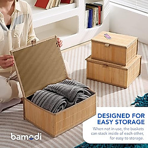 Bamboo Decorative Storage Boxes With Lids - Nesting Rectangular Lidded Box for Organization - Stackable Basket with Cloth Liner - Organizer for Toys, Home, Office - Woven Basket - Set of 3