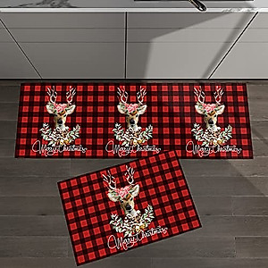 Miaklek Merry Christmas Kitchen Mats for Floor Anti Fatigue Mats for Kitchen Floor Kitchen Rugs Cushioned Mats Non Slip Comfort Standing Kitchen Rugs Set of 2, Xmas Elk Holiday Red Black Check