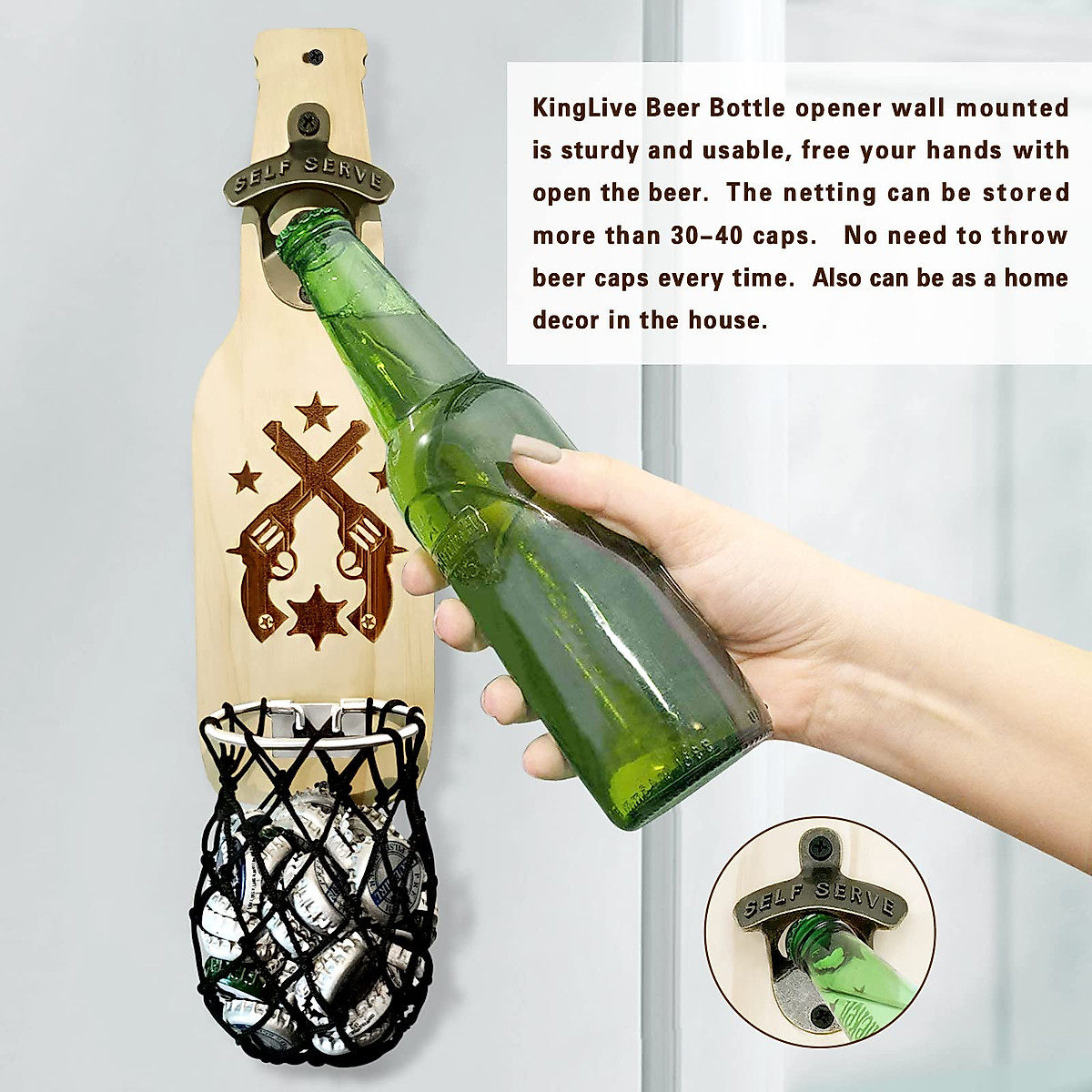 KingLive Bottle Opener - Funny Beer Bottle Opener with Wall Mounted Cap Catcher, Fun and Unique Gifts for Men, Dad, Father, Him, Perfect for Kitchen, Living Room, Bedroom, Outdoor, and Bar Decor