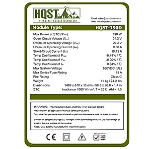 HQST 190W 12V Monocrystalline Solar Panel w Solar Connectors High Efficiency Module PV Power for Battery Charging Boat, Caravan, RV and Any Other Off Grid Applications
