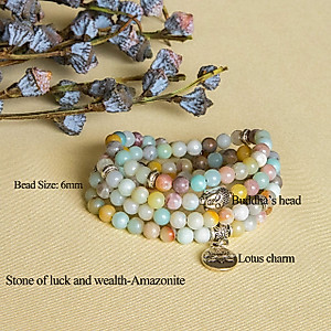 Bivei 108 Mala Beads Necklace Beaded Wrap Bracelets Genuine Gemstone Mala Prayer Beads Lotus Charm Yoga Meditation Necklace - -Amazonite