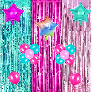 Surprise Party Supplies Birthday Decorations, Pink Teal Fuchsia Curtains and Balloons for Girls Surprise Party Cake Table Supplies to Booths Backdrop
