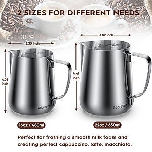 Adorever Milk Frothing Pitcher, 16oz 480ml Milk Frother Cup Stainless Steel Steaming Pitcher, Coffee Bar Cappuccino Espresso Machine Accessories Barista Tools, Steamer Cup Milk Jug with Latte Art Pen