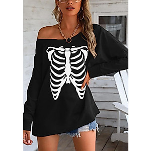 Womens Halloween Sweatshirt Lady Party Sexy Casual Tops Long Sleeve Funny Off Shoulder Wear Skeleton X-Large