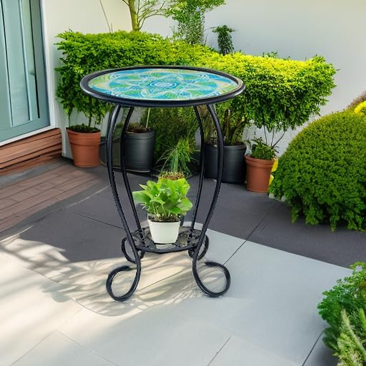HONGLAND Mosaic Outdoor Side Table, 14" Round Patio Side Table, Mosaic Plant Stand, End Table W/Storage Shelf, Small Bistro Coffee Table for Garden Patio Porch Living Room(Green)