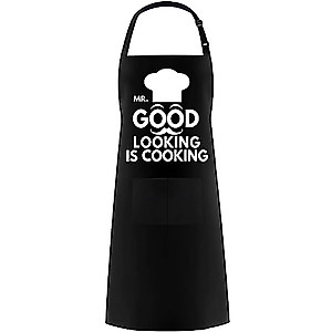 Hyzrz Funny Aprons for Men, Women -Mr. Good Looking is Cooking- Gifts for Fathers Day, Mothers Day, Birthday - Cooking Grilling BBQ Chef Apron (Black)
