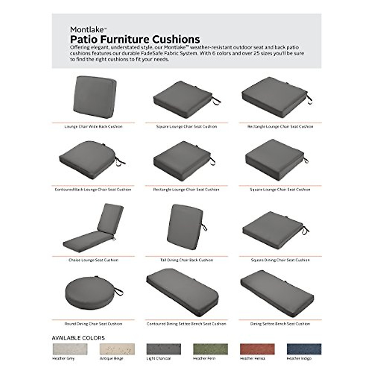 Classic Accessories Montlake FadeSafe Water-Resistant 23 x 23 x 5 Inch Square Outdoor Seat Cushion, Patio Furniture Chair Cushion, Light Charcoal Grey, Outdoor Cushion Cover