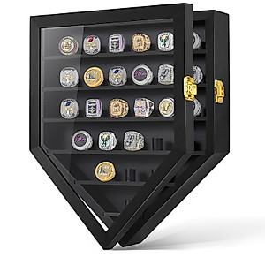 Kacorn Championship Ring Display Case, 12 Ring Posts Sports Ring Display Case Wooden Shadow Box for Baseball Basketball Football Softball Award Rings Fan Souvenirs