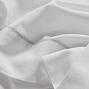 Amazon Brand – Rivet Contrast Hem Breathable Cotton Linen Bed Sheet Set, Queen, White / Vapor