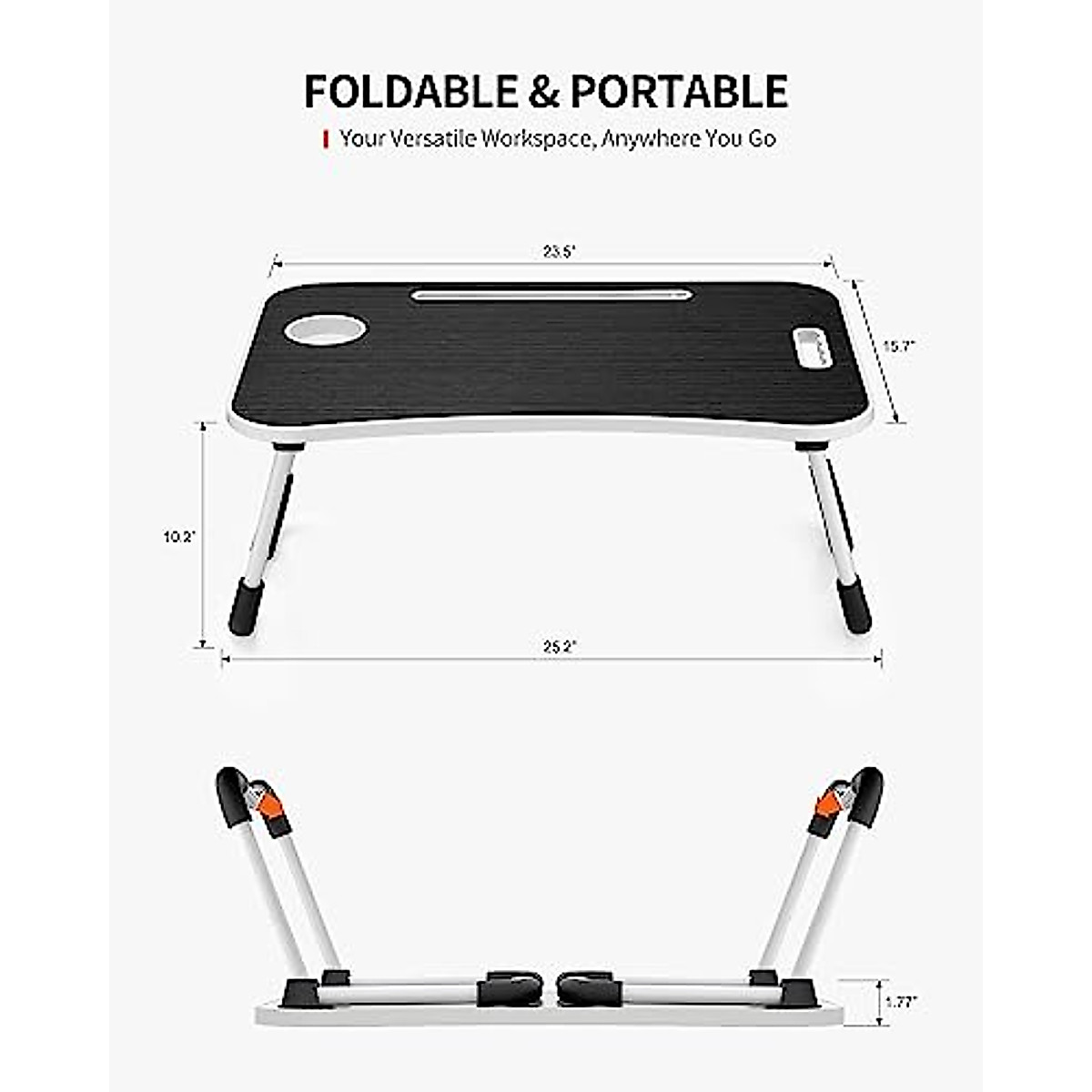 FISYOD Foldable Laptop Table, Portable Lap Desk Bed Table Tray, Laptop Stand with Cup Holder & Tablet Slot & Lifting Handle for Working Writing Drawing & Eating (Black)