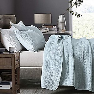 Quilt Set Queen Size Aqua Blue, Classic Geometric Spots Stitched Pattern, Stone-Washed Microfiber Chic Rustic Look, Ultra Soft Lightweight Quilted Bedspread for All Season, 3 Pieces