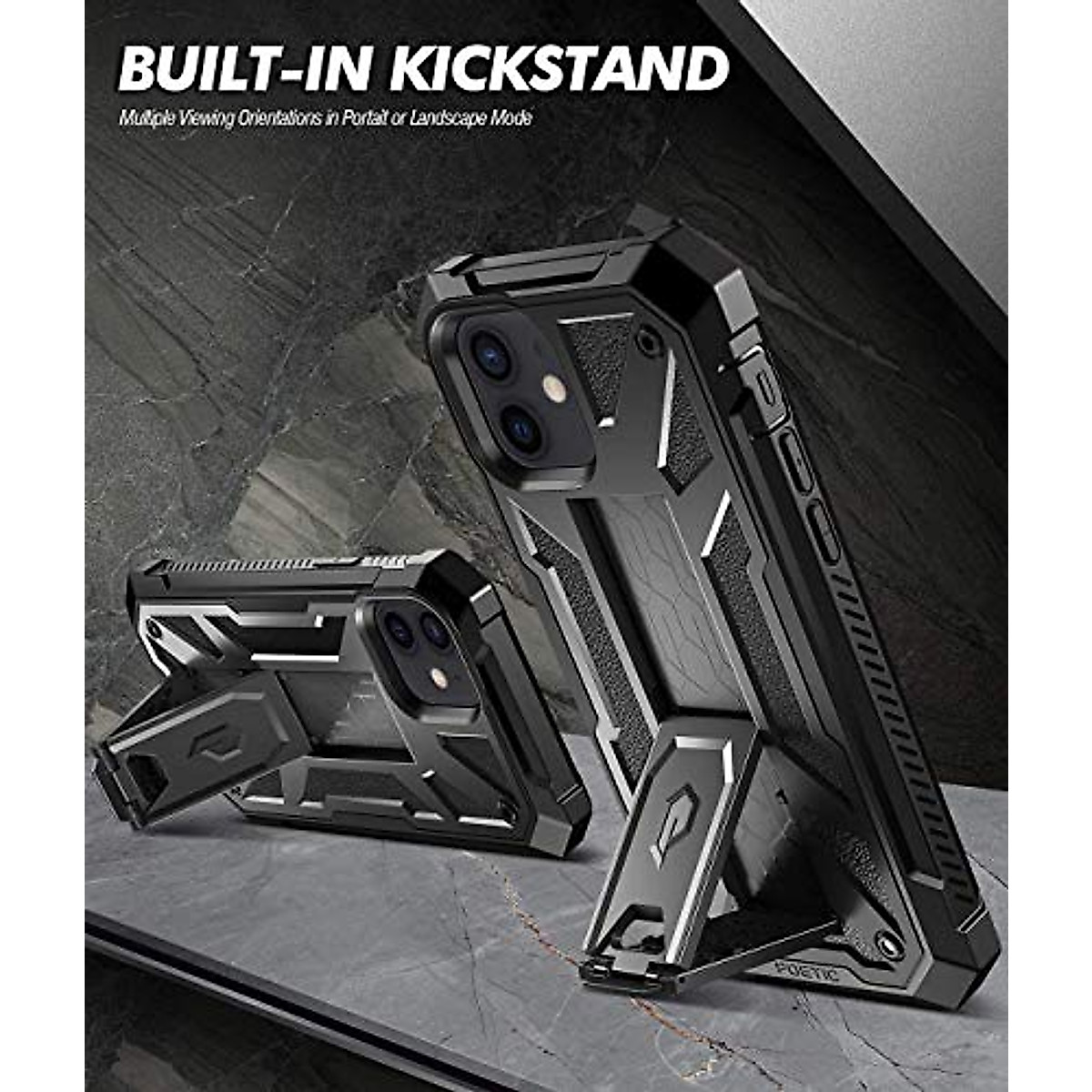 Poetic Spartan for iPhone 12/ iPhone 12 Pro 6.1 inch Case, Full-Body Rugged Dual-Layer Metallic Color Accent with Premium Leather texture Shockproof Protective Cover with Kickstand, Metallic Gun Metal