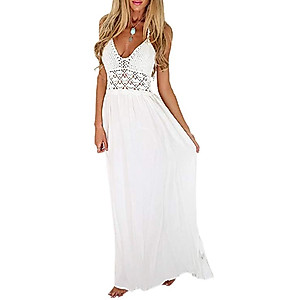 LILBETTER Women's Beach Crochet Backless Bohemian Halter Maxi Long Dresses (White,X-Large)