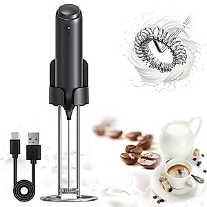 Rechargeable Milk Frother Handheld Foam Maker for Lattes - Whisk Drink Mixer for Coffee with Stand, Mini Electric Foamer for Latte, Cappuccino, Frappe, Matcha, Hot Chocolate (Stand+Black)
