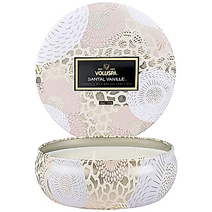 Voluspa Santal Vanille Candle | 3 Wick Tin | 12 Oz. | 40 Hour Burn Time | Vegan | All Natural Wicks and Coconut Wax for Clean Burning