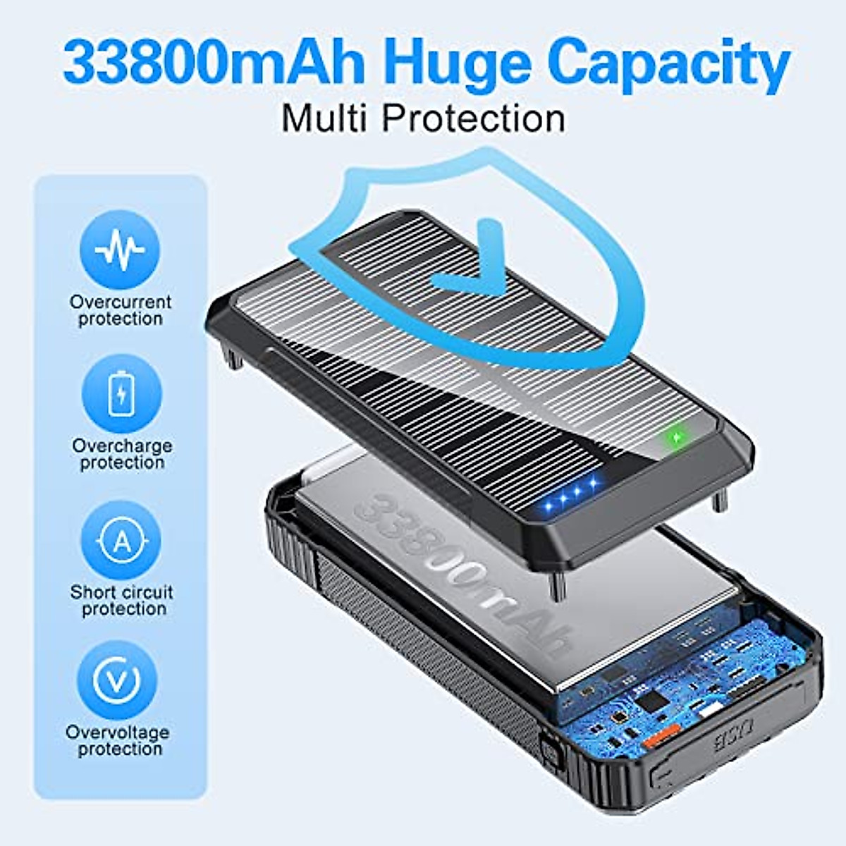 DJKK Solar Power Bank Wireless Charger 33800mAh Built in 4 Cables and LED Camping Lights 22.5W Fast Charging Power Bank 7 Outputs 4 Inputs Portable Charger Compatible with All Mobile Devices