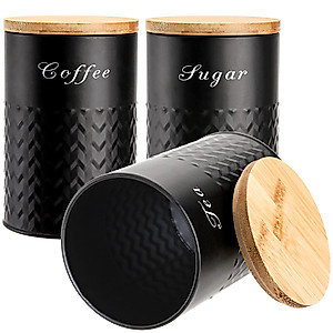 Bekith 3 Pack Kitchen Canisters with Bamboo Lids, Airtight Metal Canister Set, Food Storage Containers Jars for Coffee, Sugar, Tea, Flour, Rustic Farmhouse Kitchen Decor Containers, Black