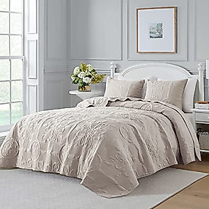 Damask Quilt King Size Bedding Sets with Pillow Shams, Boho Lightweight Soft Bedspread Coverlet, Beige Quilted Blanket Thin Comforter Bed Cover for All Season Spring Summer, 3 Pieces, 104x90 inches