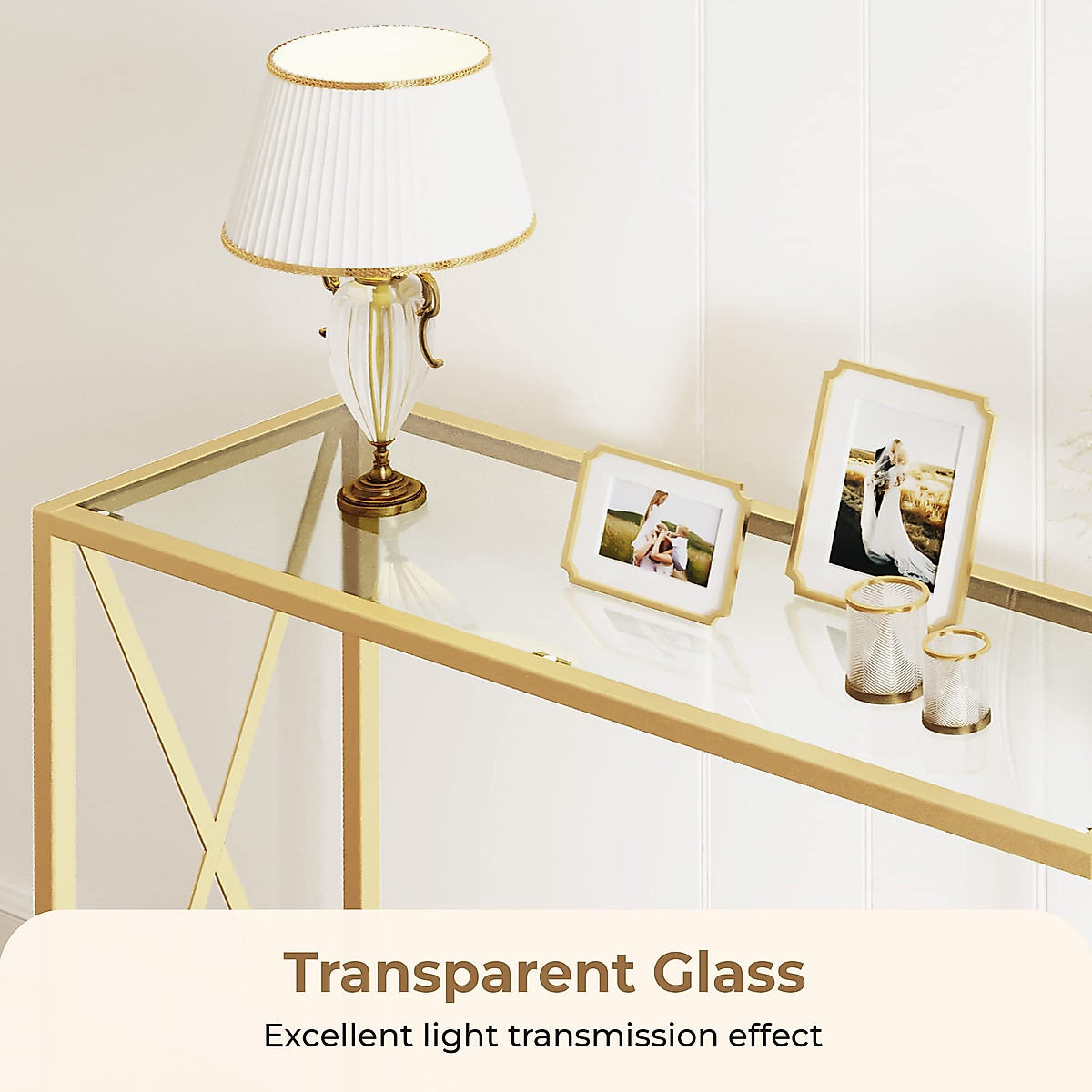 SUPERJARE 70 Inch Console Table with LED Light Strips, Gold Entryway Table with Tempered Glass, Sofa Table, Hallway Table for Entryway, Rubber Pads, for Living Room, Front Door, Gold