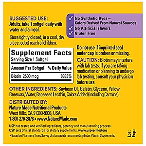 Nature Made Extra Strength Biotin 2500 mcg, Dietary Supplement For Healthy Hair, Skin & Nail Support, 150 Softgels, 150 Day Supply