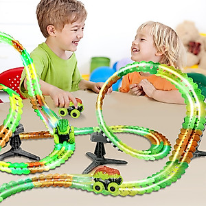 OSALON Dinosaur Race Car Tracks Toys Set for Kids Boys Girls Ages 3 4 5 6+ Electric Dinosaur Turkc Cars with Strong Suction Cup,Steady Tripod 130+ Pcs Train Car Tracks Birthday Gift Christmas