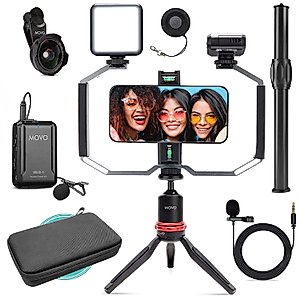 Movo iVlog4 Smartphone Video Bundle with Wireless Microphone System, Mini Tripod, LED Camera Light, Wide-Angle Lens - Cage and Cell Phone Tripod Stand - Lavalier Microphone for iPhone and Android