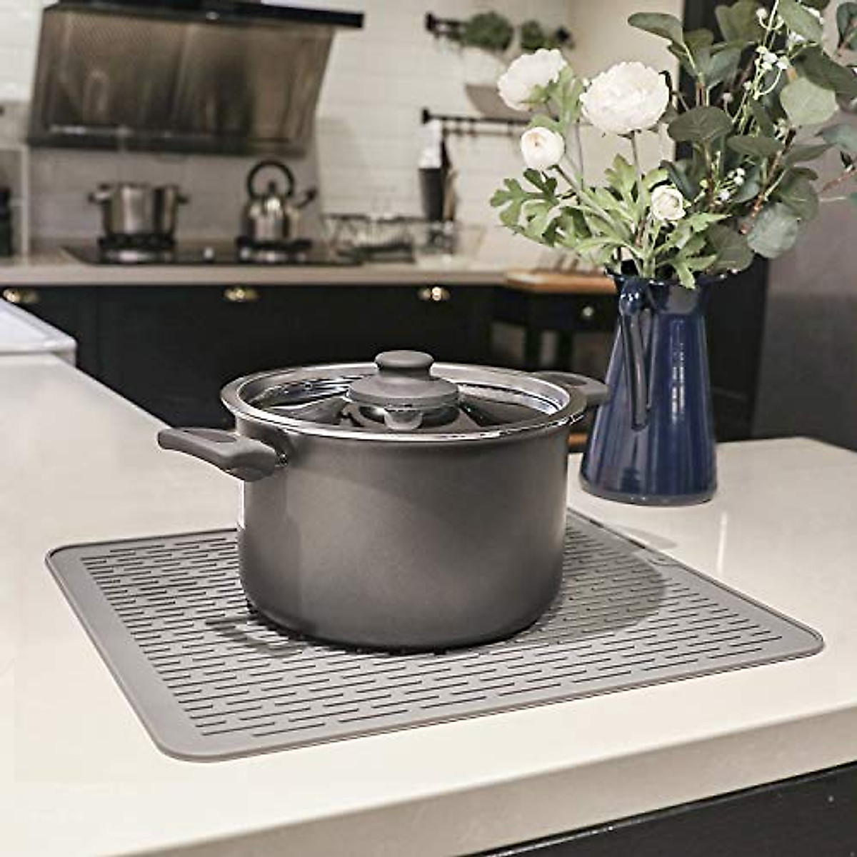 Kinlink Silicone Dish Drying Mats 2 Pack - 18x16 Large Dishwasher Safety Counter Pad for Faster Drying, Kitchen Dish / Dish Draining / Sink Mat, Heat Resistant Trivet, Grey